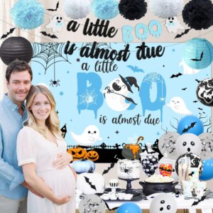 JOYMEMO Halloween Baby Shower Decorations Boy - A Little Boo is Almost Due Backdrop with Banner Blue and Black, Paper Lanterns Pom Poms, Bat Wall Stickers for Pregnancy Celebration Newborn Party