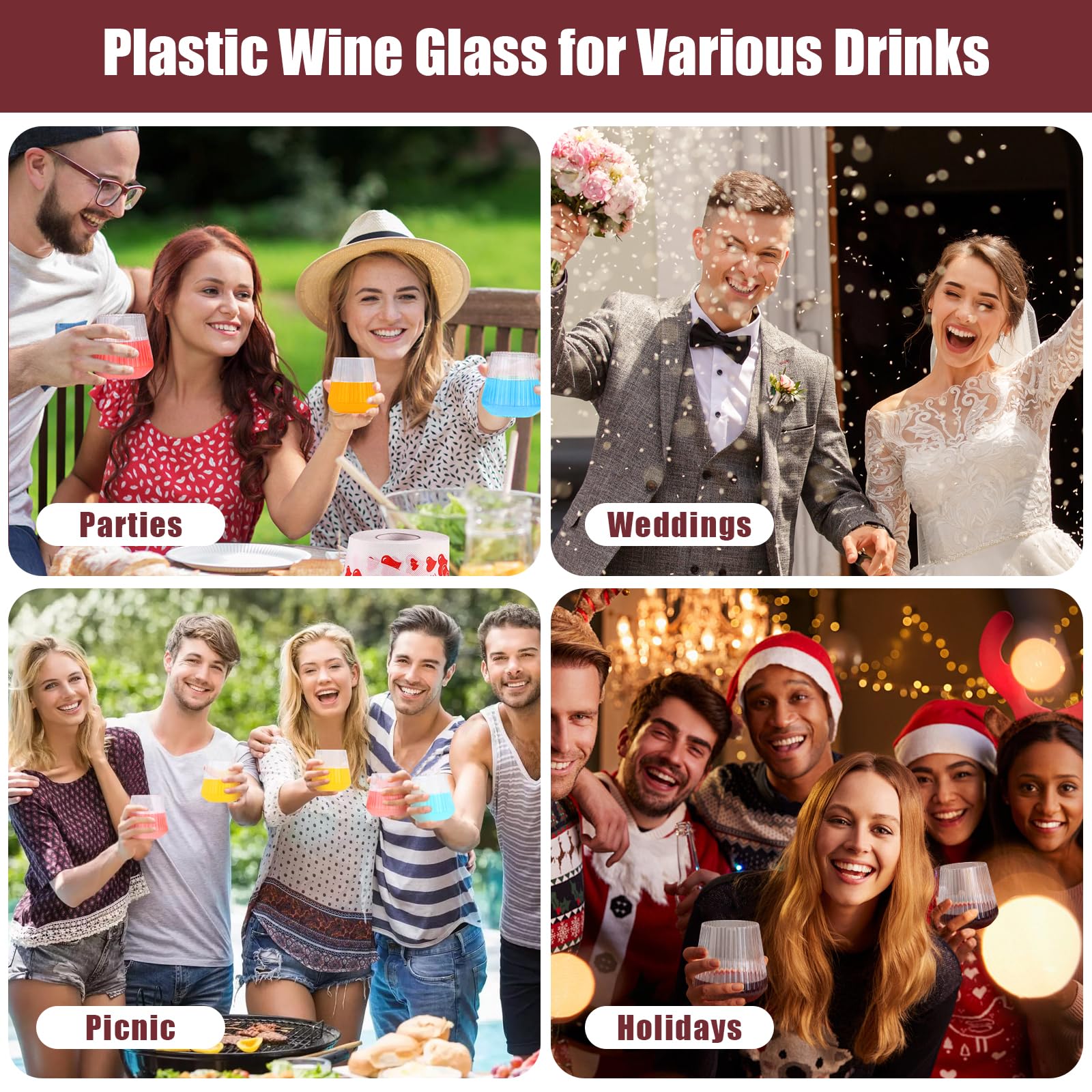 tchrules 24 Pack Plastic Ribbed Wine Glasses, 14oz Stemless Disposable Wine Cups, Clear Unbreakable Outdoor Cocktail Glasses, Heavy Duty Reusable Plastic Drinking Cups for Party Wedding Mimosa Bar