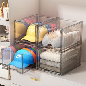 2 Pack Hat Organizer Box for Baseball Caps Organizer, Hat Organizer Box with Sliding Drawer, Hat Storage Organizer, Clear Drawer Stackable for Hats Snapback Cap Storage, Hat Display Case, Hat Holder