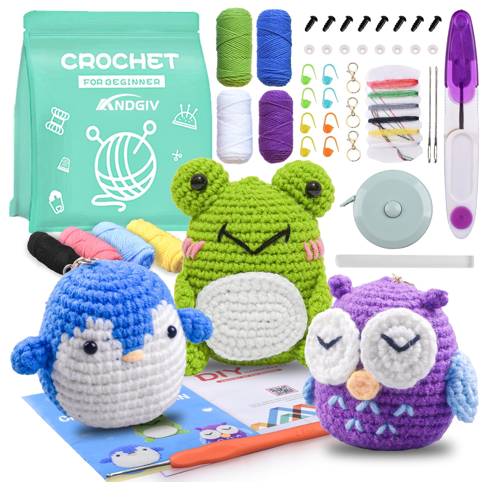 Crochet Kit for Beginners Kids Adults - Amigurumi Crocheting Animal Kits, Beginner Knitting Set DIY Art Craft, 3 Pattern Owl, Penguin, Frog, Easy to Learn Tutorials, Yarns, Hook, for Girls Age 12+