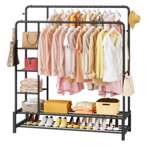 joiscope 47'' * 67'' heavy duty clothes rack, double rods clothing racks for hanging clothes, garment rack with 5 tier closet shelves & 4 hooks for clothing storage, metal black clothing rack