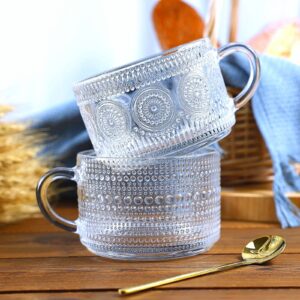 HAPTIME 4 Pcs Vintage Coffee Mugs - 14oz Clear Glass Tea Cups with Lids and Spoons - Ideal Iced Coffee Cups for Housewarming Gifts & Coffee Bar Accessories