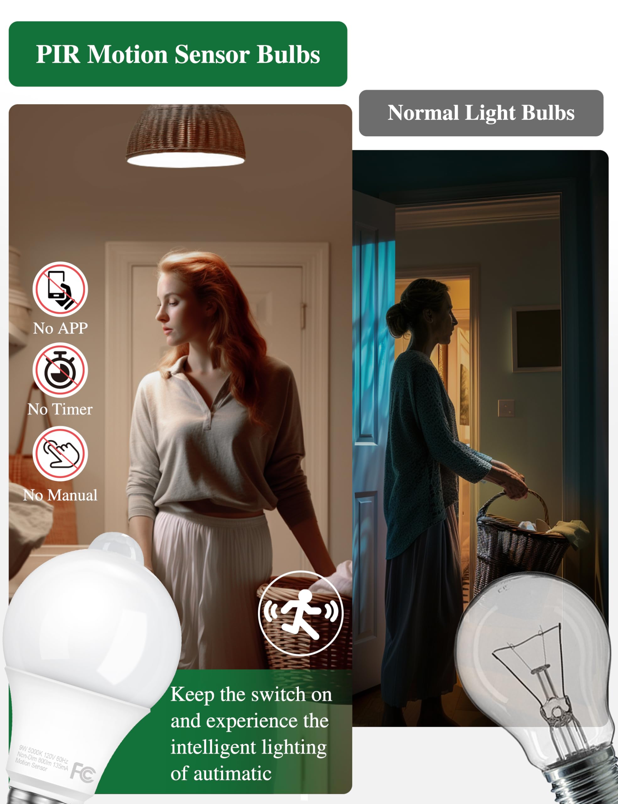 Motion Sensor Light Bulbs Outdoor, 9W (60 Watt Equivalent) 800LM, 4-Pack A19 Security LED Bulb 5000K Daylight White, E26 Motion Activated LED Bulb, for Front Door Porch Garage Basement Hallway