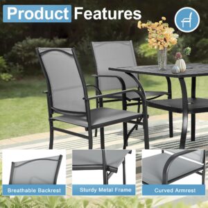 Crownland Outdoor Wrought Iron Dining Chairs Set of 4, Patio Textilene Dining Chair with High Backrest, Metal Frame Furniture Chairs with Armrests for Yard, Deck, Backyard, Lawn, Poolside (Grey)