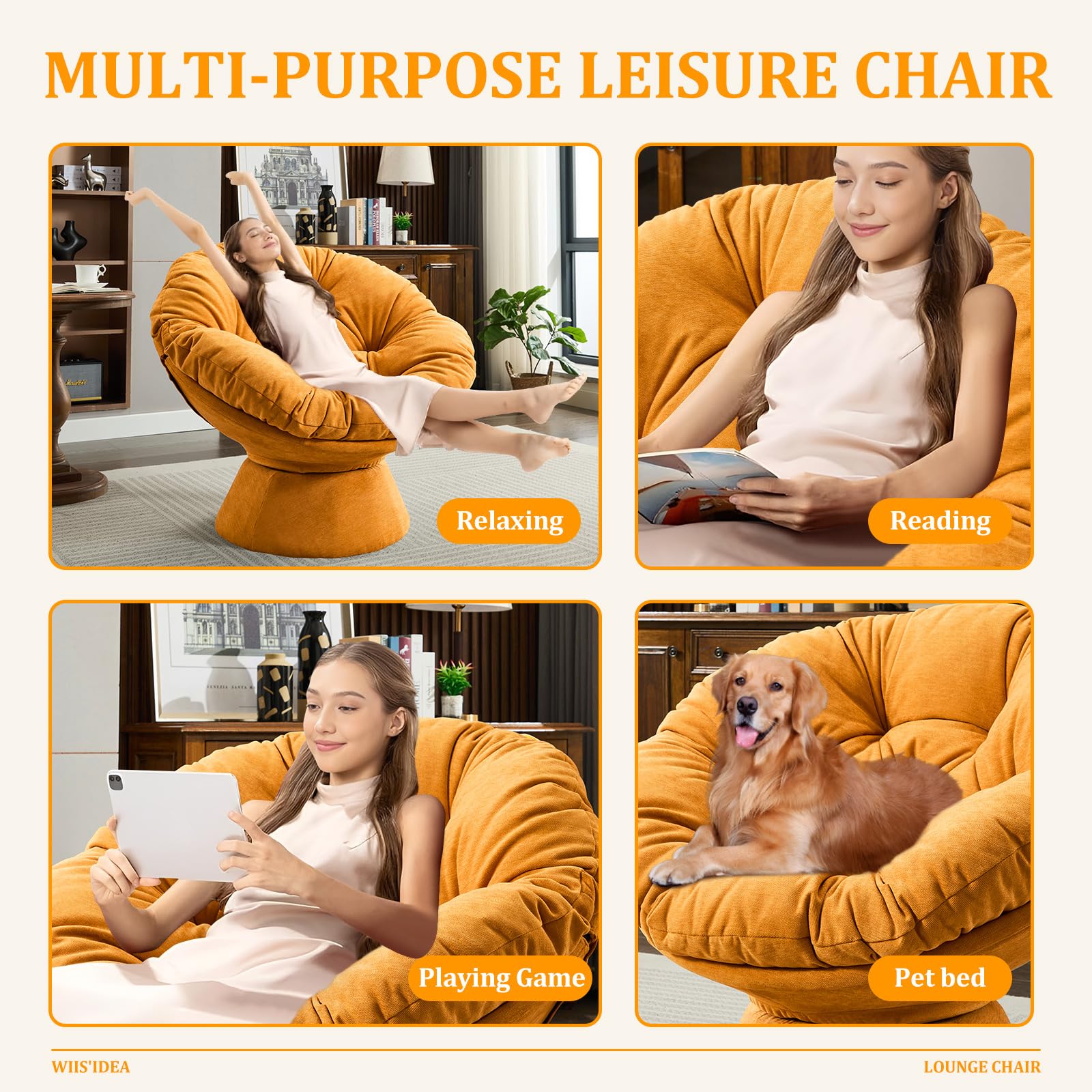 Papasan Chair,Papasan Chair with Cushion and Frame,Comfy Chenille Upholstered Round Reading Chair,Oversized 360° Swivel Accent Chair with Metal Base Lazy Chair for Bedroom,Living Room,Orange