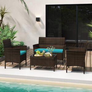 Tangkula 8 Piece Patio Rattan Conversation Set, Outdoor Wicker Furniture Set with Chair, Loveseat & Tempered Glass Table, Cozy Seat Cushions, Outside Sectional Sofa Set for Backyard (2,Turquoise)