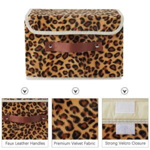 VinneGenzz Storage Bin with Lid Leopard Print Cute Velvet Fabric Storage Basket Box Faux Leather Handles PP Plastic Board Foldable Washable Lidded Closet Shelf Organizer Container (Small Size)