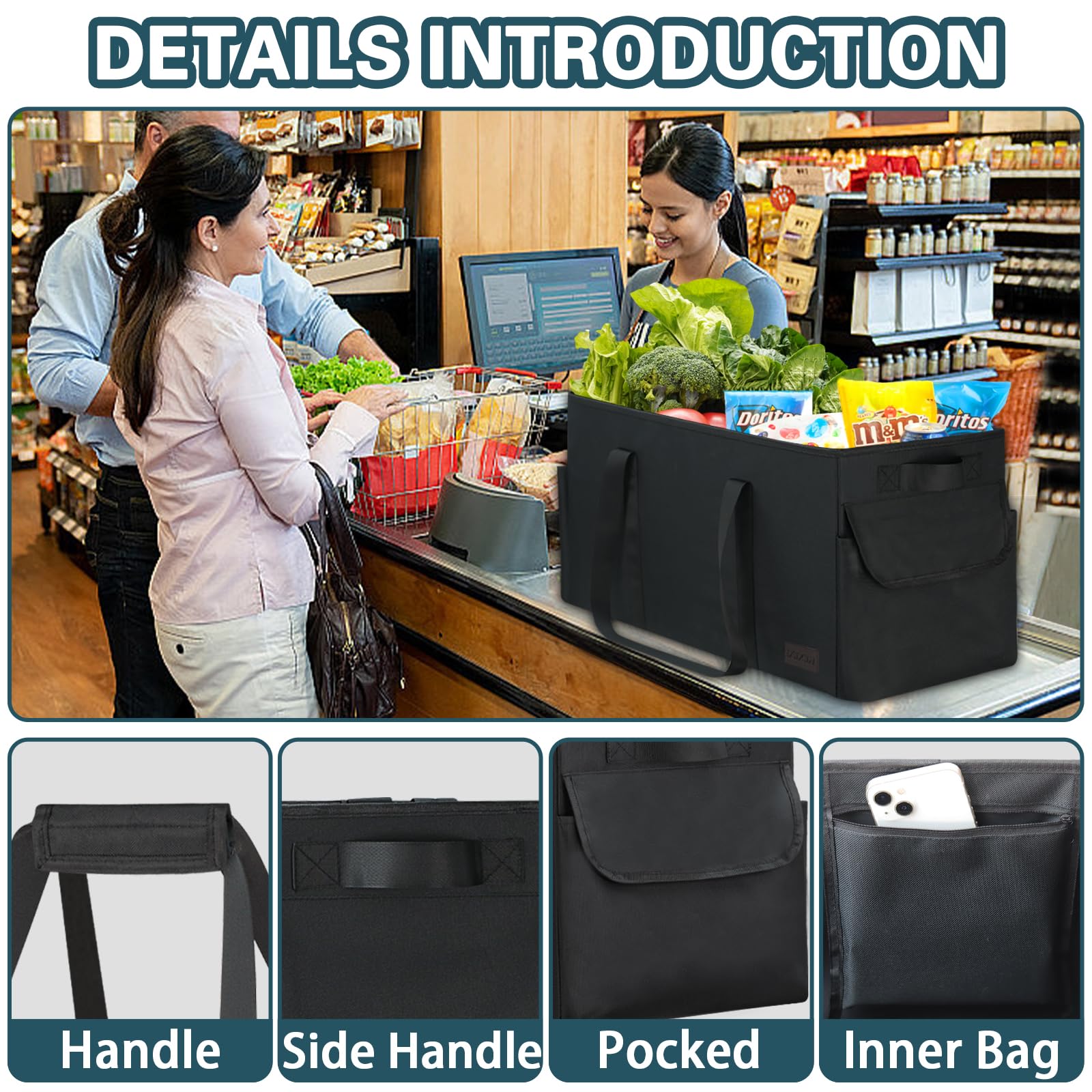 DSDCDJ Sturdy Extra Large Utility Tote Bag with 3 Pockets, Standing Utility Tote Bag with Hard Bottom Board and All Sides Rinforced, Foldable Large Tote Bag with Handles, Beach Bag, Car Tote