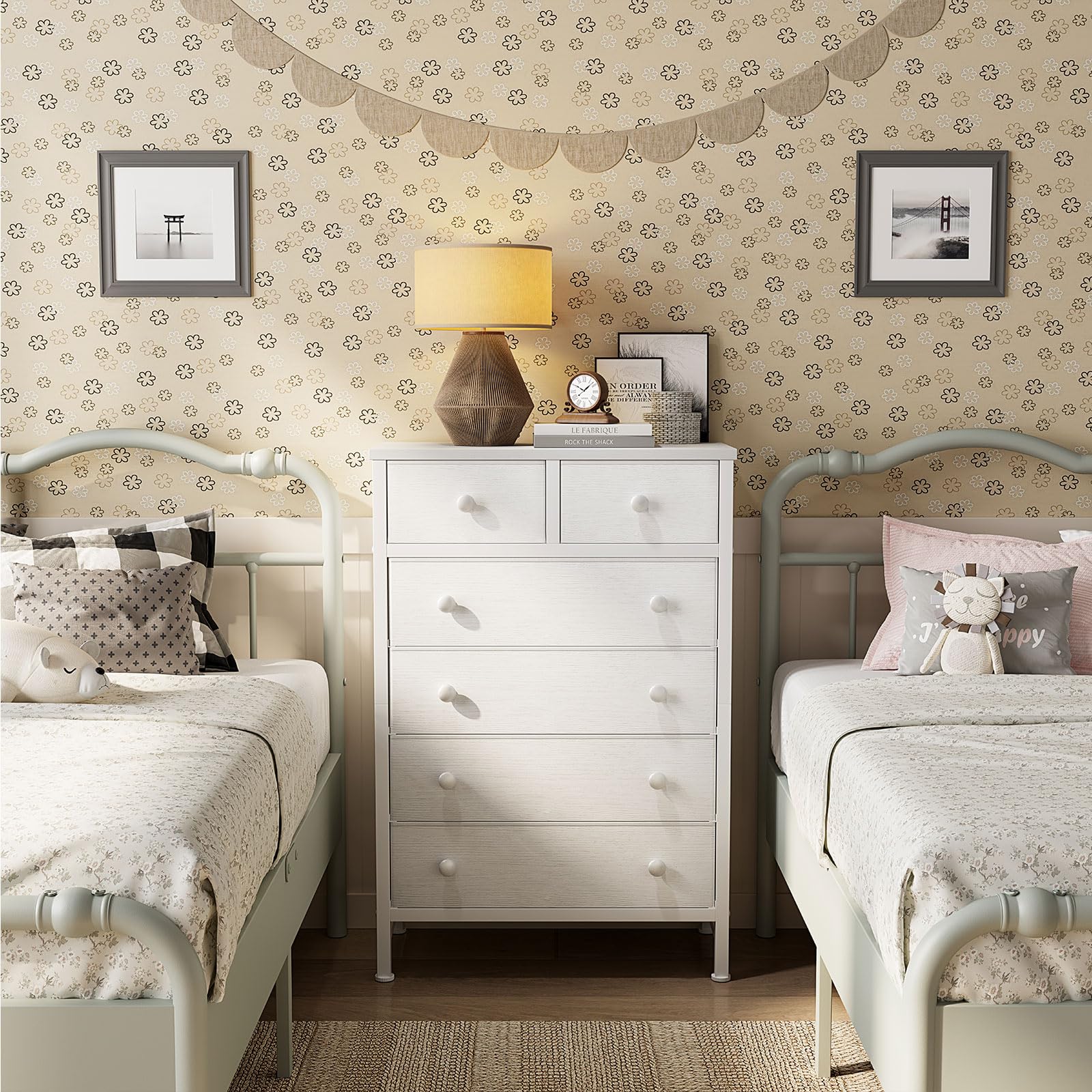 BOLUO White Chest of Drawers for Bedroom Dresser with 6 Drawer Fabric Dressers for Closet Girls Modern