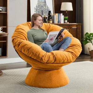 Papasan Chair,Papasan Chair with Cushion and Frame,Comfy Chenille Upholstered Round Reading Chair,Oversized 360° Swivel Accent Chair with Metal Base Lazy Chair for Bedroom,Living Room,Orange