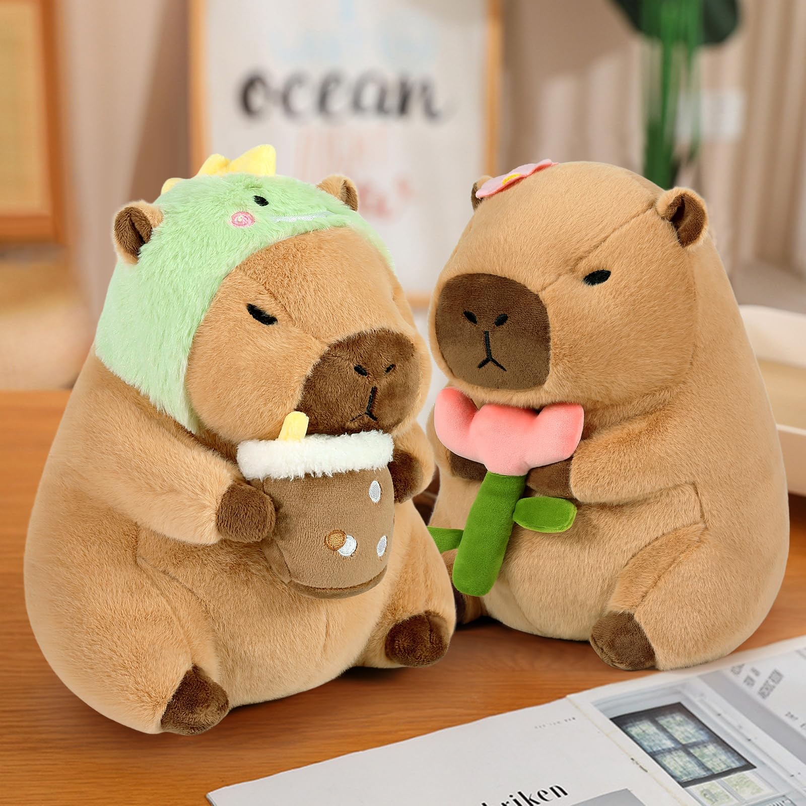 Ditucu Cute Capybara Plush Pillow Dinosaur Drinking Milk Tea Stuffed Animals Capibara Pluhsies Toy Gifts for Kids 11 inch