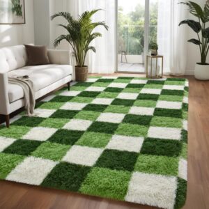 larhom modern checkerboard rug for living room bedroom, 4x6 ft green checkered fluffy carpet, thickened memory-foam area rug for kids nursery dorm, home decor, anti-slip and easy to clean