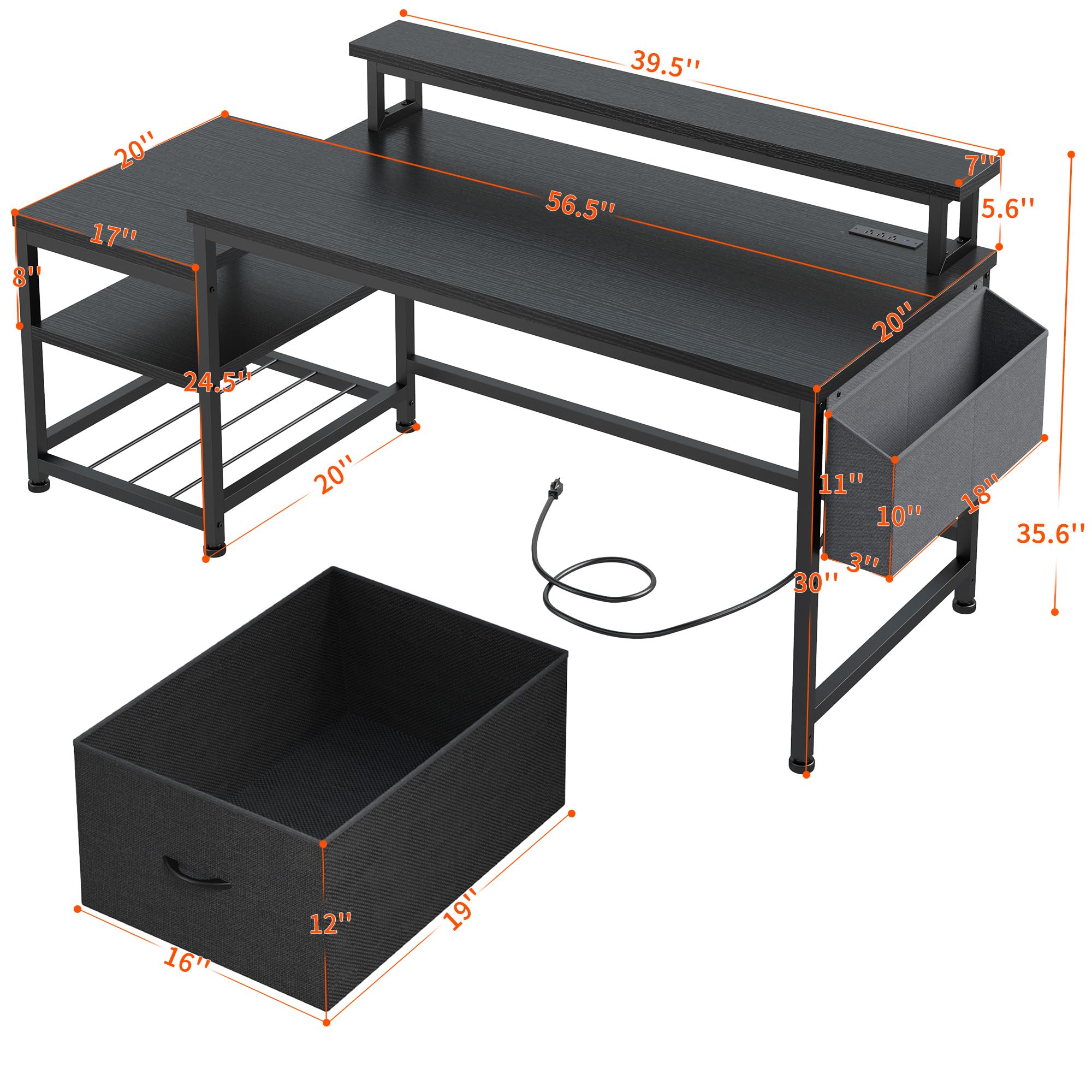 EnHomee 56.5" Computer Desk with Power Outlets,Home Office Desk with Fabric File Cabinet,Study Writing Gaming Desk with Monitor Shelf,Work Table with Printer Space,Black