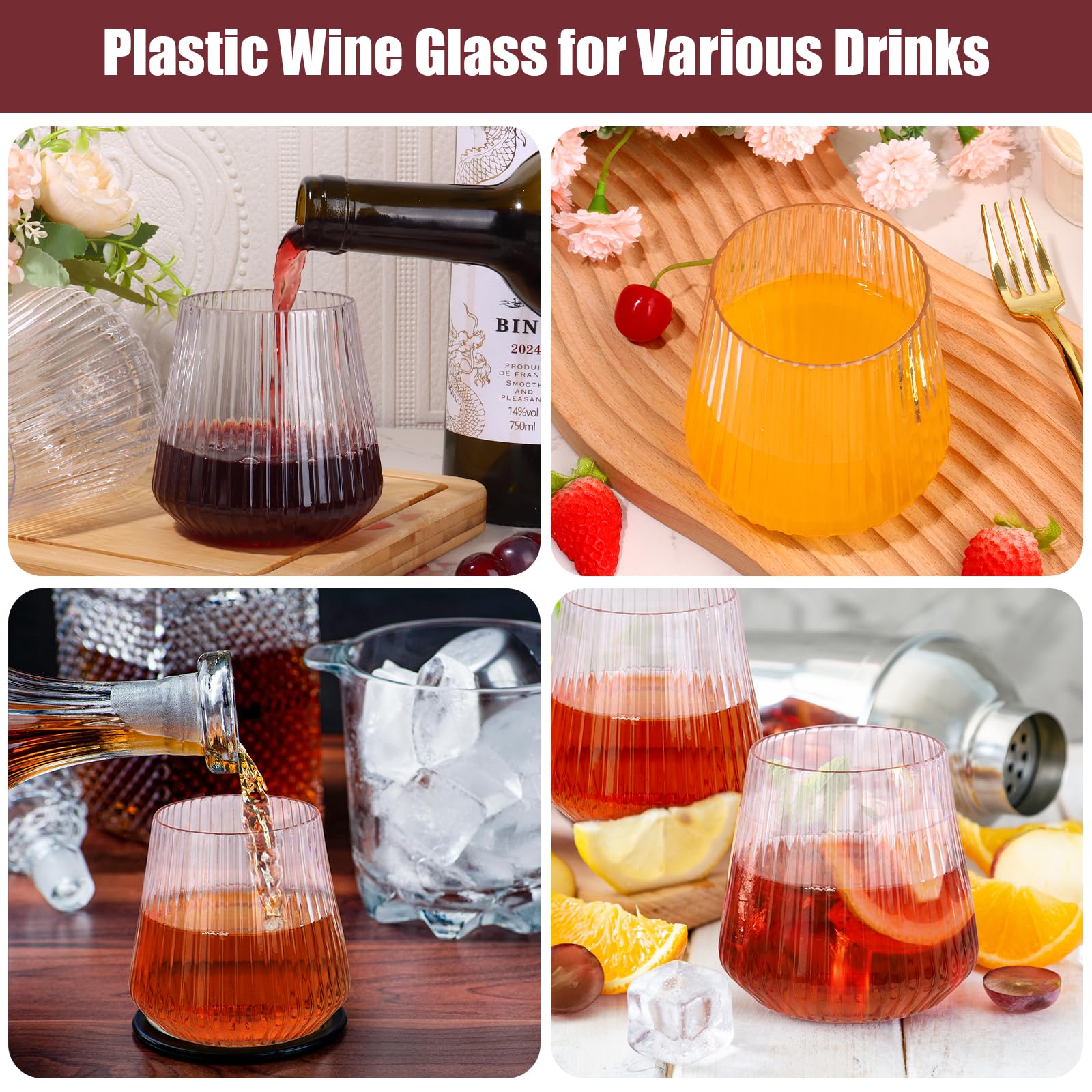 tchrules 24 Pack Plastic Ribbed Wine Glasses, 14oz Stemless Disposable Wine Cups, Clear Unbreakable Outdoor Cocktail Glasses, Heavy Duty Reusable Plastic Drinking Cups for Party Wedding Mimosa Bar