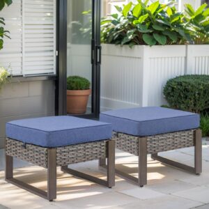 hummuh patio ottomans outdoor foot rest-all weather rattan outdoor footstool with removable cover cushions for deck porch garden balcony poolside-grey/blue