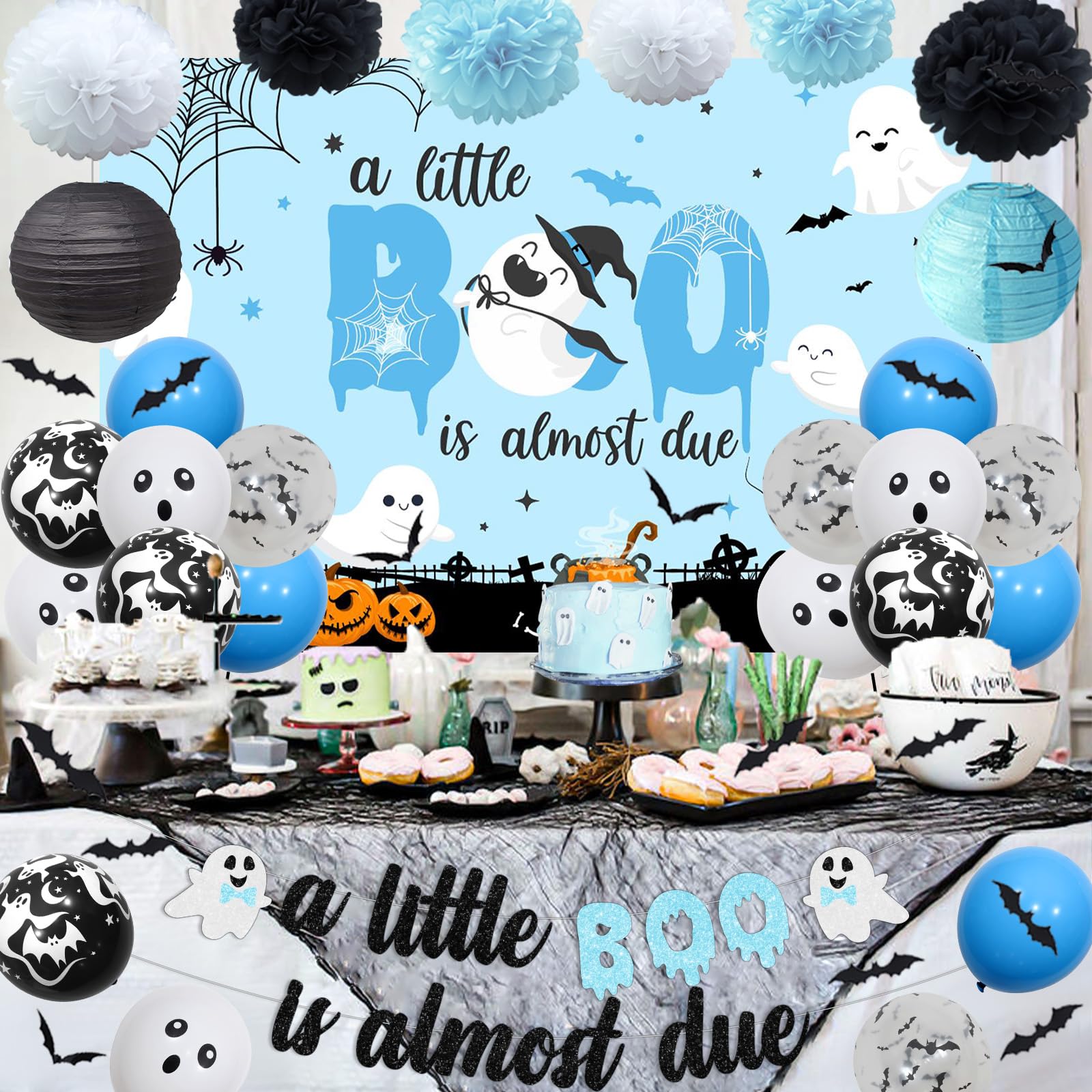 JOYMEMO Halloween Baby Shower Decorations Boy - A Little Boo is Almost Due Backdrop with Banner Blue and Black, Paper Lanterns Pom Poms, Bat Wall Stickers for Pregnancy Celebration Newborn Party