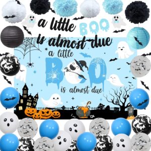 joymemo halloween baby shower decorations boy - a little boo is almost due backdrop with banner blue and black, paper lanterns pom poms, bat wall stickers for pregnancy celebration newborn party