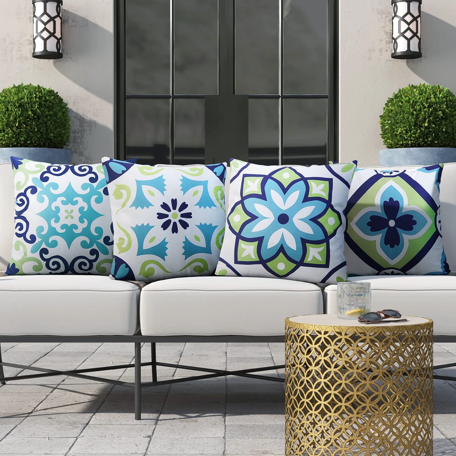 cygnus Outdoor Waterproof Pillow Covers 16x16 Inch Set of 4 Decorative Spring Floral Covers for Patio Furniture Porch (16 * 16inch/40 * 40cm, Blue and Teal)