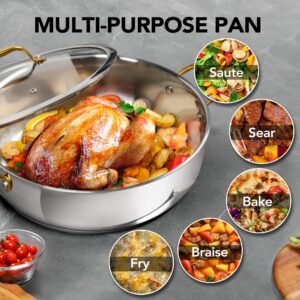 MICHELANGELO Stainless Steel Pan with Lid - 7 Quart Saute Pan, Deep Frying Pan with Lid, Dishwasher and Oven-Safe, All Cooktops Compatible, 12 Inch