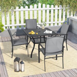 Crownland Outdoor Wrought Iron Dining Chairs Set of 4, Patio Textilene Dining Chair with High Backrest, Metal Frame Furniture Chairs with Armrests for Yard, Deck, Backyard, Lawn, Poolside (Grey)