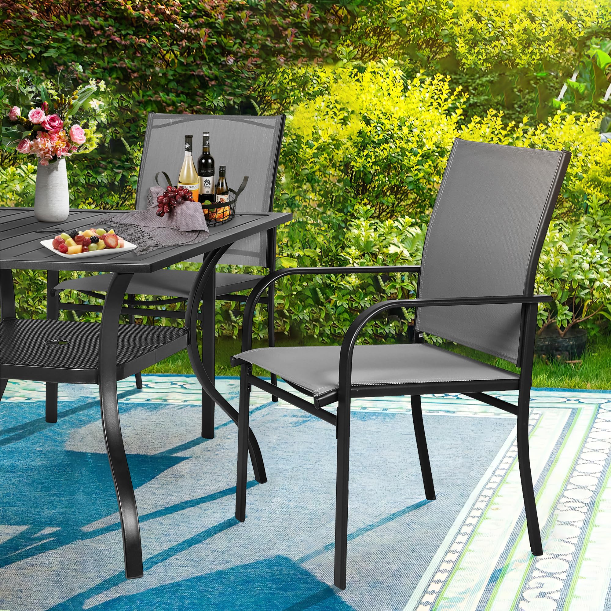 Crownland Outdoor Wrought Iron Dining Chairs Set of 4, Patio Textilene Dining Chair with High Backrest, Metal Frame Furniture Chairs with Armrests for Yard, Deck, Backyard, Lawn, Poolside (Grey)