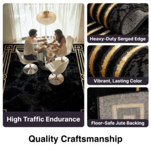 Well Woven Lezlee Abstract Modern 5'3" x 7'3" Area Rug Black Gold Marble Border - for Living Room, Dining Room, Bedroom