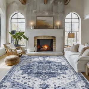 washable rug living room rugs: 9x12 area rug large soft boho vintage medallion carpets indoor floor anti slip non-shedding thin carpet for bedroom dining room farmhouse nursery home office-blue/white