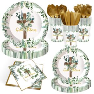 168pcs god bless plates and napkins baptism tableware set first holy communion party decorations mi bautizo eucalyptus leaves sage paper plates christening celebration baby shower supplies,serve 24