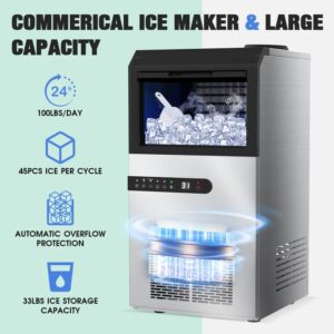 ADVWIN Commercial Ice Maker Machine, 100Lbs/24H with 33Lbs Storage Bin, 45Pcs Clear Ice Cubes in 5Mins, 2-Way Add Water, Under Counter Freestanding Ice Maker for Home