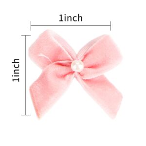 Meseey 60pcs Mini Velevt Ribbon Bows 1 Inch with Pearl Ribbon Flowers Appliques DIY Craft for Sewing, Scrapbooking, Wedding, Gift,Christmas Decoration (Pink)