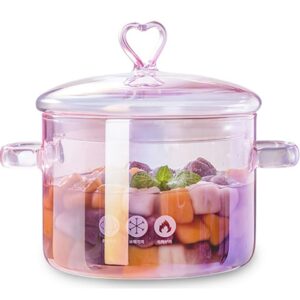 pink glass saucepan, 2000ml/67oz glass cooking pot, heart shaped clear glass stockpot with lid for soup, milk, baby food, noodle, vegetable soup salad