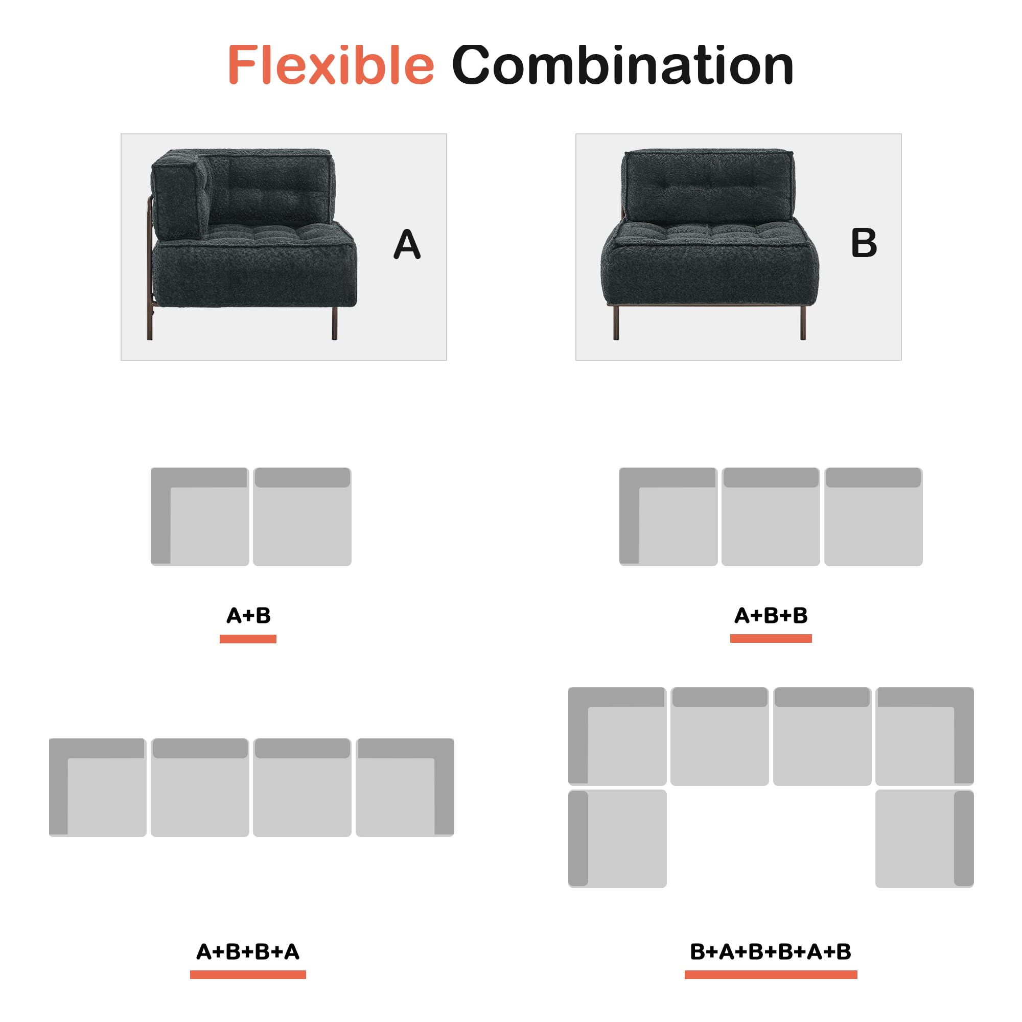 MCombo Modular Sofa Couch with Removable Cushion, 1 Seater Accent Sofa Chair, Upholstered Corner Seat for Living Room, Apartment, Office 4663 (Grey)