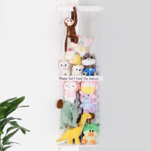 stuffed animal storage soft toy organizer, kids room stuffed animal holder zoo with adjustable length large corner plush toy shelf wall hanging storage for nursery playroom bedroom (white cord)