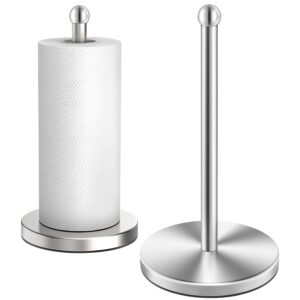 dawner paper towel holder for countertop, easy one-handed tear, stainless steel, weighted base with suction cups, non-slip paper towel stand for kitchen, bathroom, brushed nickel