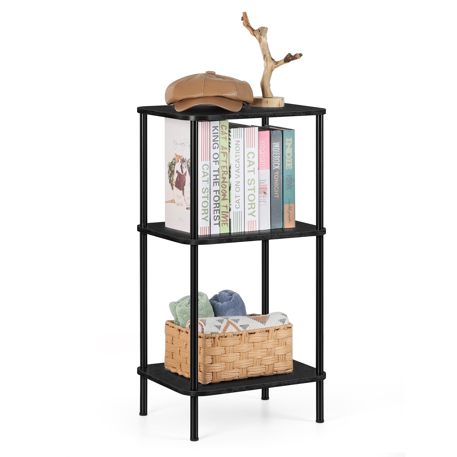 smusei 3 Tier Small End Table Tall Telephone Table with Storage Shelves Black Side Table for Small Spaces Tall Night Stand Table for Bedroom, Living Room, Office, Sofa Couch