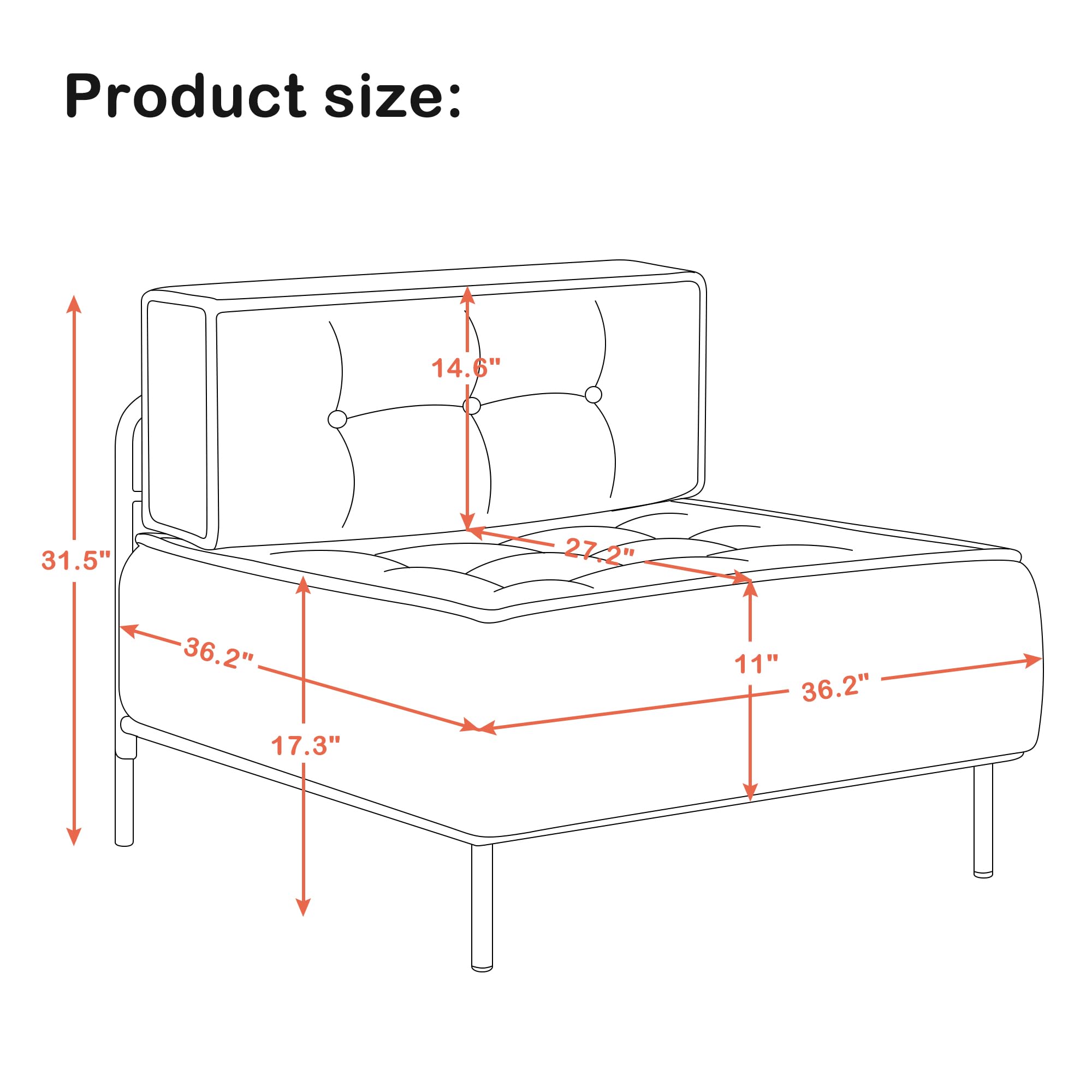 MCombo Modular Sofa Couch with Removable Cushion, 1 Seater Accent Armless Sofa Chair, Upholstered Middle Seat for Living Room, Apartment, Office 4644 (Grey)