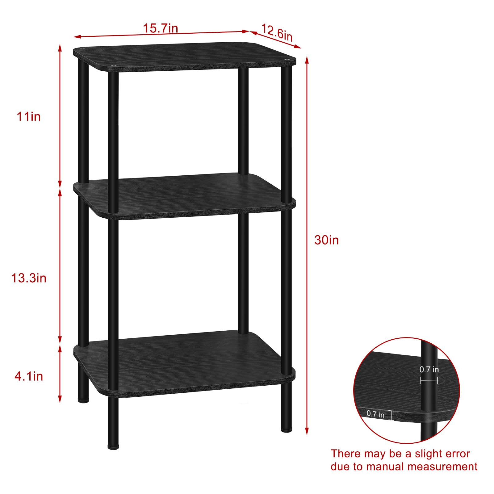 smusei 3 Tier Small End Table Tall Telephone Table with Storage Shelves Black Side Table for Small Spaces Tall Night Stand Table for Bedroom, Living Room, Office, Sofa Couch