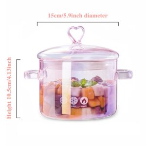 Pink Glass Saucepan, 2000ML/67OZ Glass Cooking Pot, Heart Shaped Clear Glass Stockpot with Lid for Soup, Milk, Baby Food, Noodle, Vegetable Soup Salad