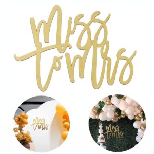 golden miss to mrs sign wood party banner for bridal shower decor, bachelorette party backdrop, engagement, wedding, couples, greenery hedge wall, photo backdrop