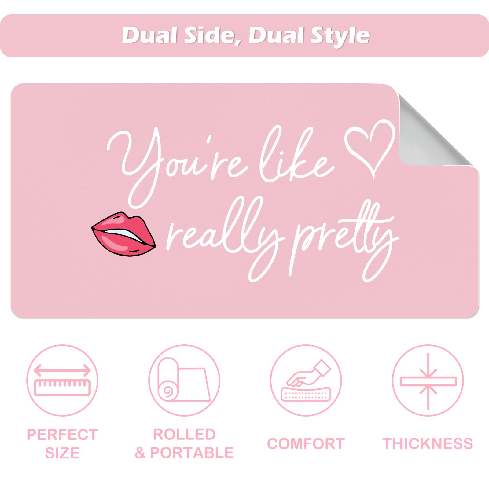 Makeup Mat for Vanity, Dual-Sided Vanity Top Protector Mat Waterproof Dressing Desk Makeup Table Cover Mat You're Like Really Pretty (Baby Pink/Silver, 23.6"x11.8")