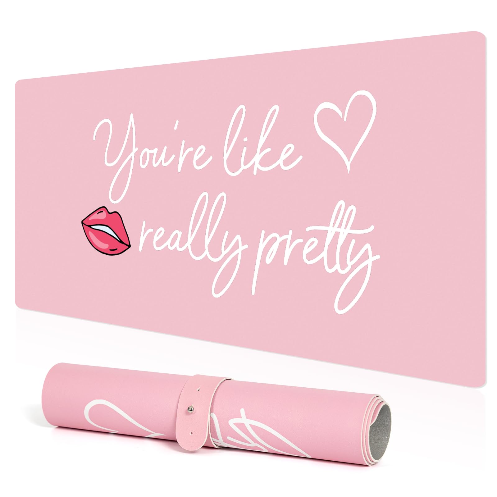 Makeup Mat for Vanity, Dual-Sided Vanity Top Protector Mat Waterproof Dressing Desk Makeup Table Cover Mat You're Like Really Pretty (Baby Pink/Silver, 23.6"x11.8")