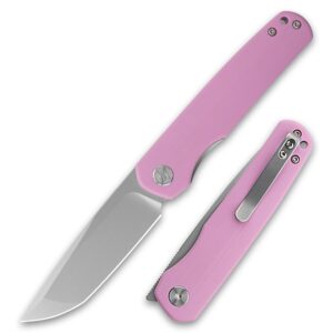 olitans g047 front flipper folding knife 3.0" sandvik 14c28n blade white g10 handle camping pocket knife with deep carry clip outdoor edc (pink w)