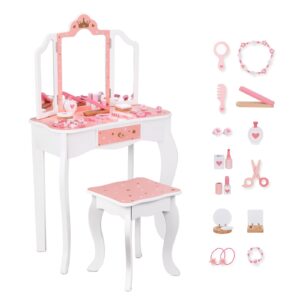 oook kids vanity set, girls vanity set with mirror and stool, makeup vanity dressing table for kids, premium child vanity set as gift, wooden pretend kids vanity set for little princess.