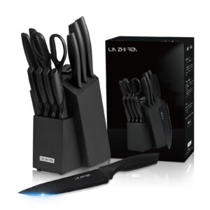 kitchen knife sets, built-in sharpener, lin zhi ren 13 pcs block knife sets for chopping, slicing, dicing&cutting, dishwasher safe.