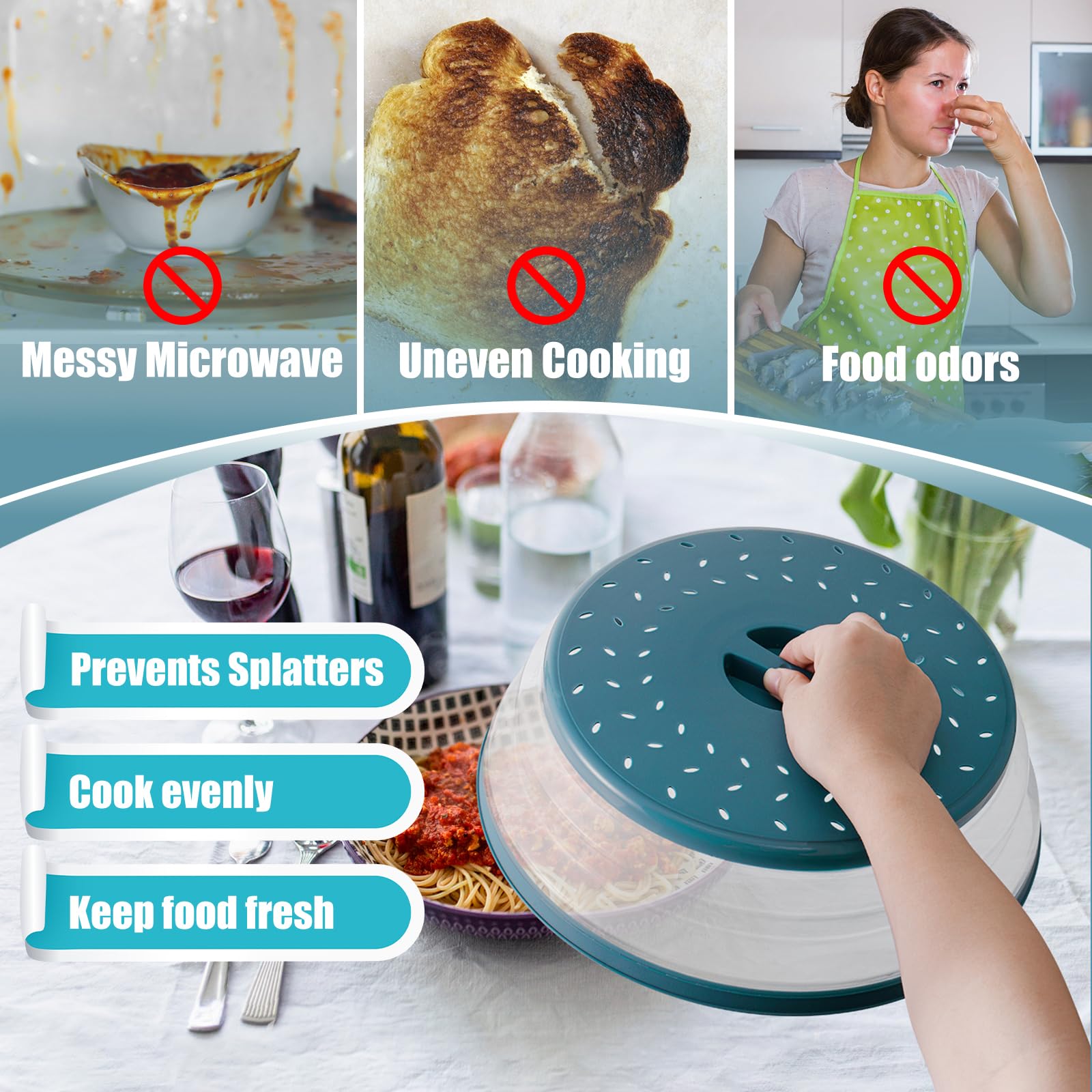 WENWELL Large Microwave Splatter Cover & Silicone Mat,12 Inchs Vented Collapsible Guard dish Plate lid & Round Kitchen mat for food