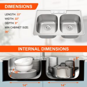 Blenzia 33 Inch Double Bowl Kitchen Sink Topmount 50/50 Drop In 18 Gauge 304 Stainless Steel Sinks with Basket Strainer 33” x 22” x 9”