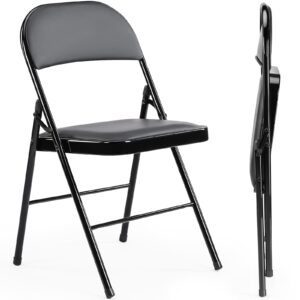 sweetcrispy folding chair 2 pack, leather padded folding chairs, sturdy metal foldable chairs, easy to use and store, outdoor and indoor, for home, office, party, comfy, black