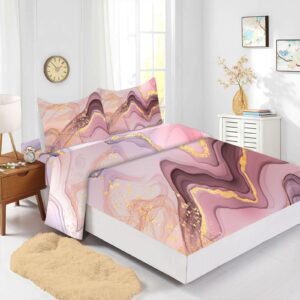 VTKON Kids Queen Pink Marble Sheets Set Soft Microfiber Kids Bed Sheets Girls Marble Bedding Set Adults Aesthetic Pink and Gold Bedding Set with 1 Fitted Sheet 1 Flat Sheet and 2 Pillowcases