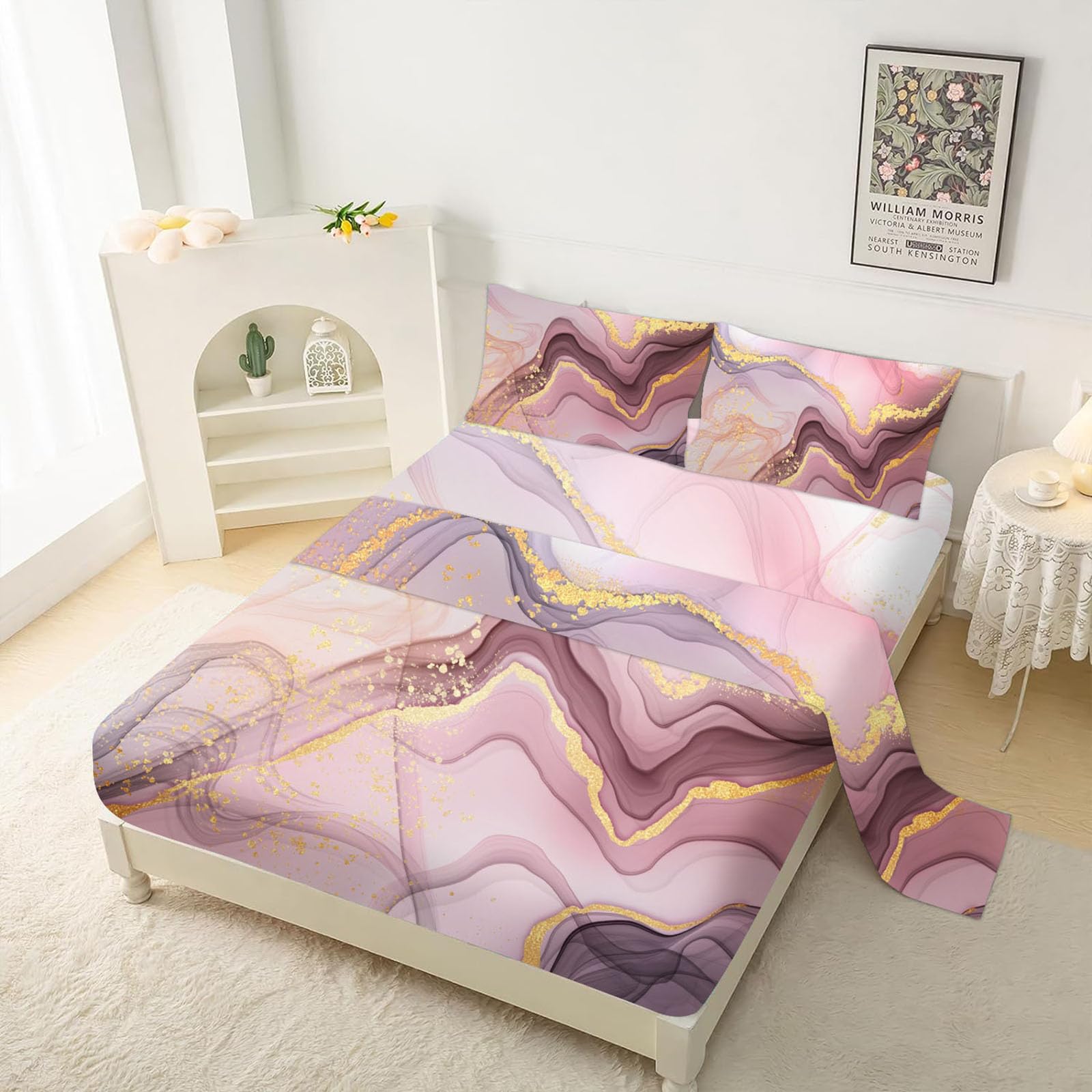 VTKON Kids Queen Pink Marble Sheets Set Soft Microfiber Kids Bed Sheets Girls Marble Bedding Set Adults Aesthetic Pink and Gold Bedding Set with 1 Fitted Sheet 1 Flat Sheet and 2 Pillowcases