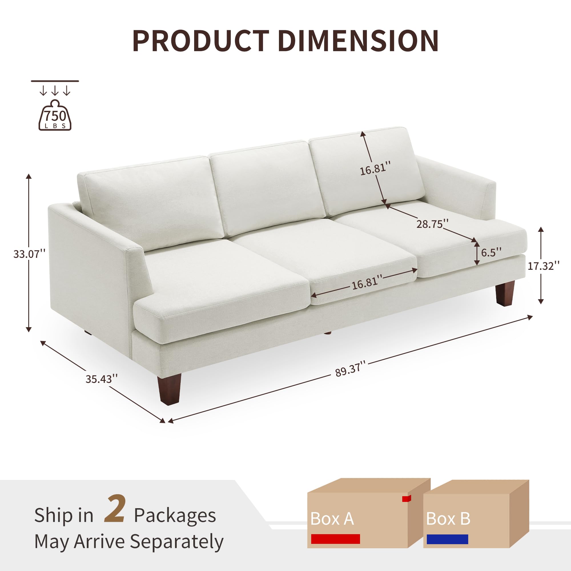 Gericco 89" 3-Seater Sofa, Deep Seat Sofa with Comfy Cushion, Mid Century Modern Couches for Living Room, Upholstered Comfy Sofa Couch for Bedroom, Apartment, Beige